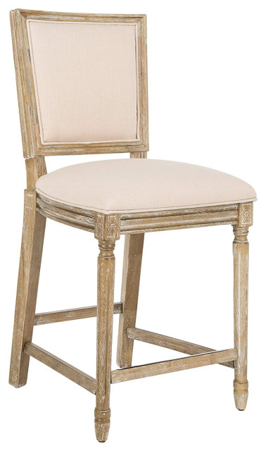 French Country Counter Stool, Wood Frame & Padded Linen Seat - French ...