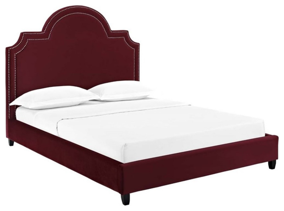 Pemberly Row Modern / Contemporary Velvet Queen Platform Bed in Maroon ...