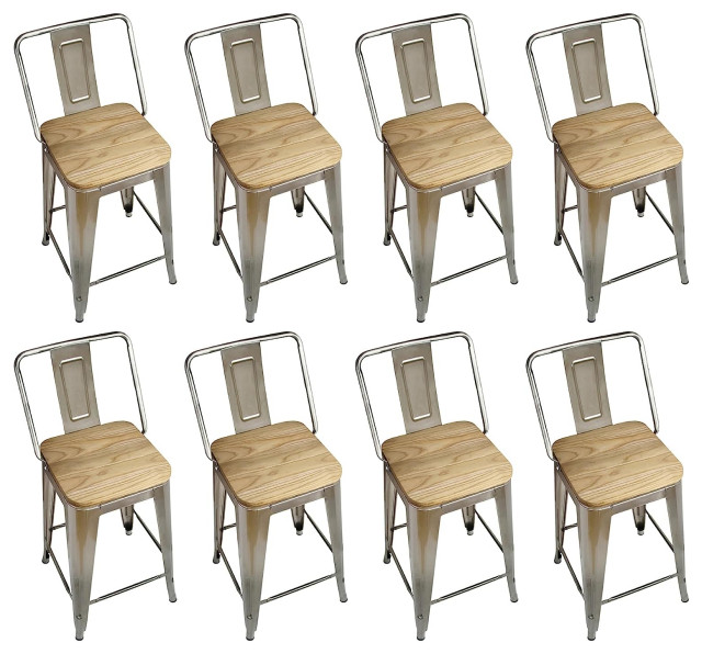Gunmetal 24" High Back Metal Bar Stools With Wooden Seat Set of 8 ...