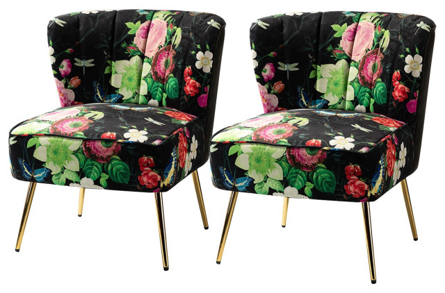 Set of 2 Accent Chair, Wide Seat & Curved Back With Floral Upholstery ...