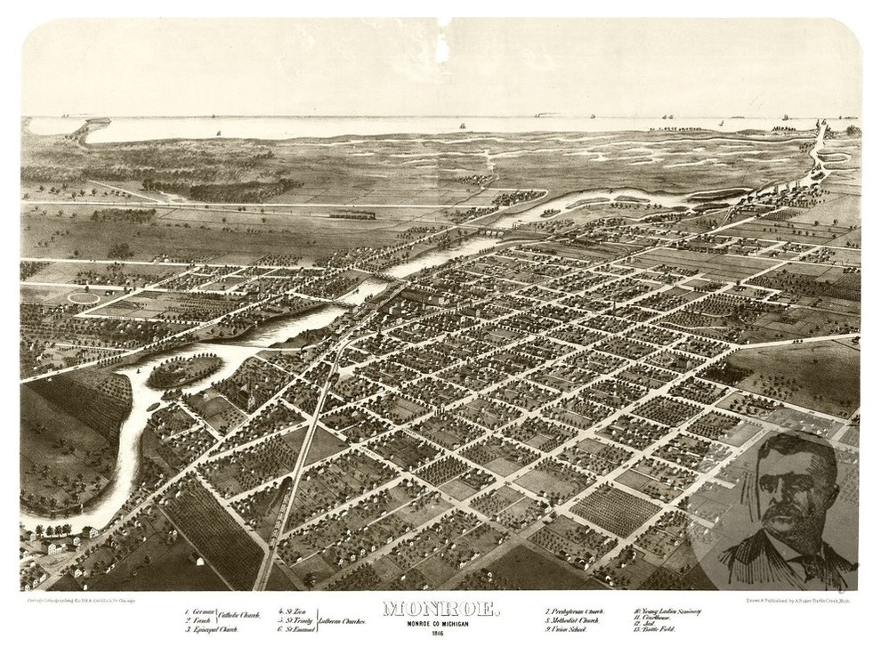 Old Map of Monroe Michigan 1866, Vintage Map Art Print, 12"x18 ...