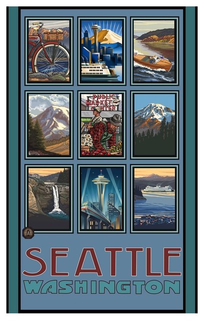 by Artist Paul A. Lanquist Seattle Washington Collage Art Print, 12"x18 ...