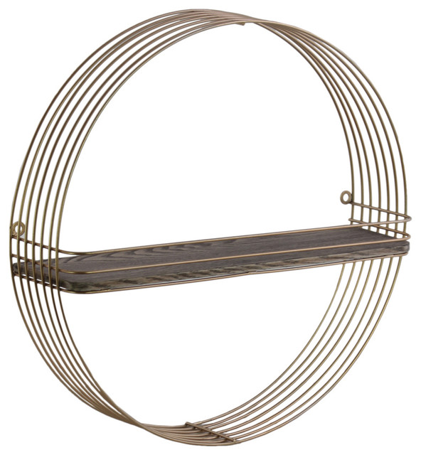 Round Shape Metal and Wood Wall Shelf, Metallic Gold - Industrial ...