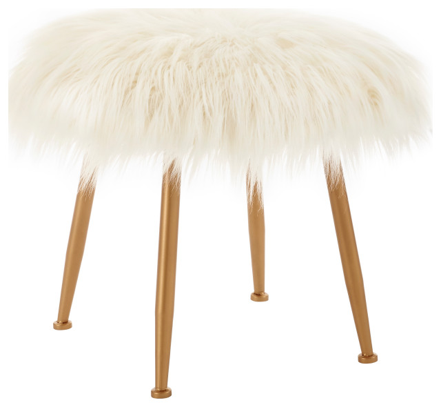 Benzara Faux Fur Upholstered Metal Stool with Angled Legs, Gold and ...
