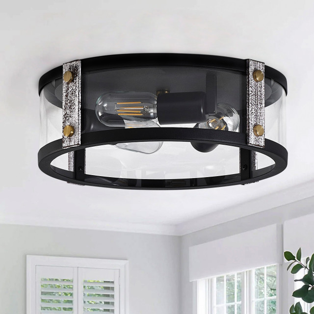 Farmhouse Matte Black 3-Light Glass Flush Mount Ceiling Light ...