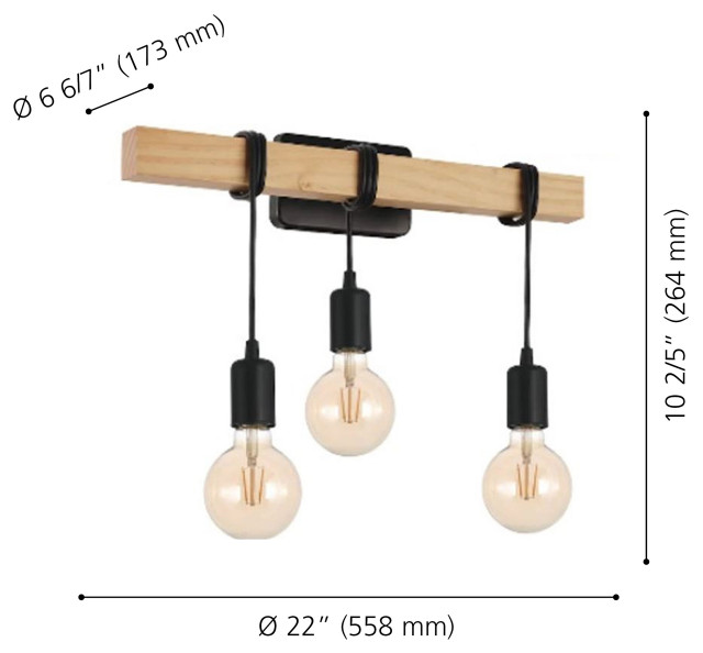 Kingswood 3-Light Open Bulb Wall Light, Natural Wood, Black Finish ...