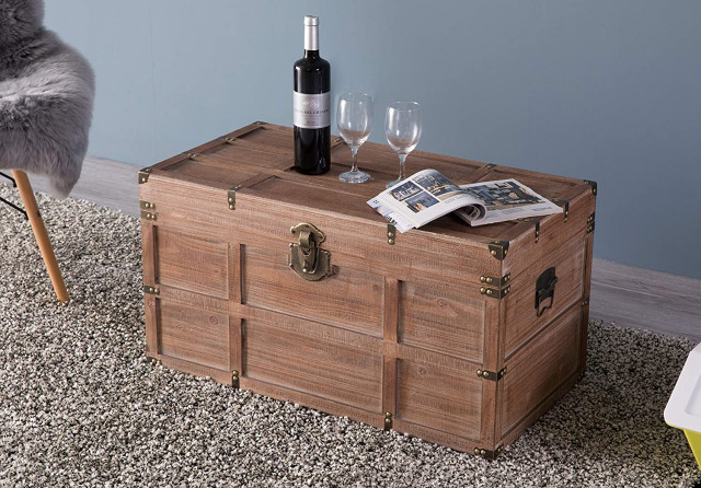 Rustic Wooden Storage Trunk with Lockable Latch, Rectangular Brown ...