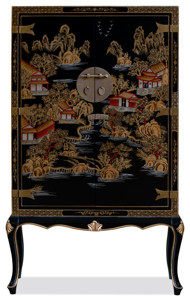 Black Victorian Style Chinoiserie Chinese Scenery Motif Armoire - Asian ...