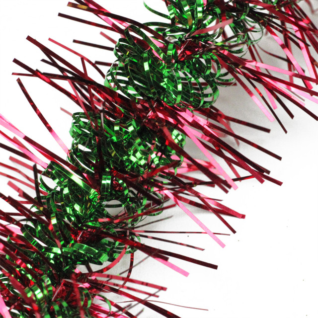 50' Festive Shiny Red With Green Spiral Center Christmas Tinsel Garland ...