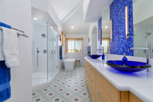 Cobalt Blue Mosaic Tile Inspires Master Bathroom - Contemporary ...