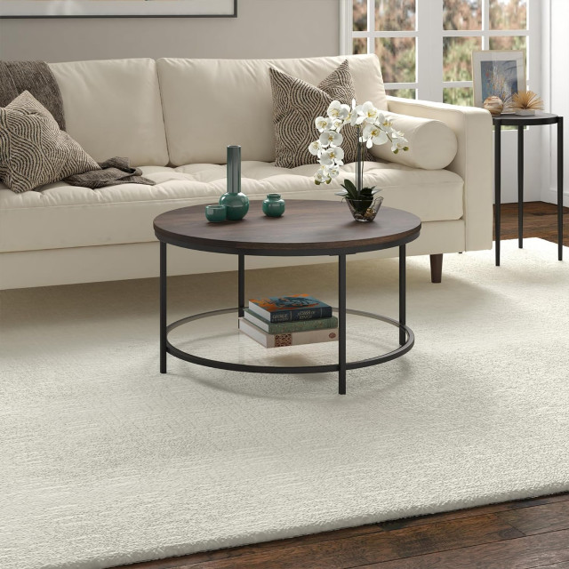 Modern Coffee Table, Metal Frame With Round Wood Top & Clear Glass ...