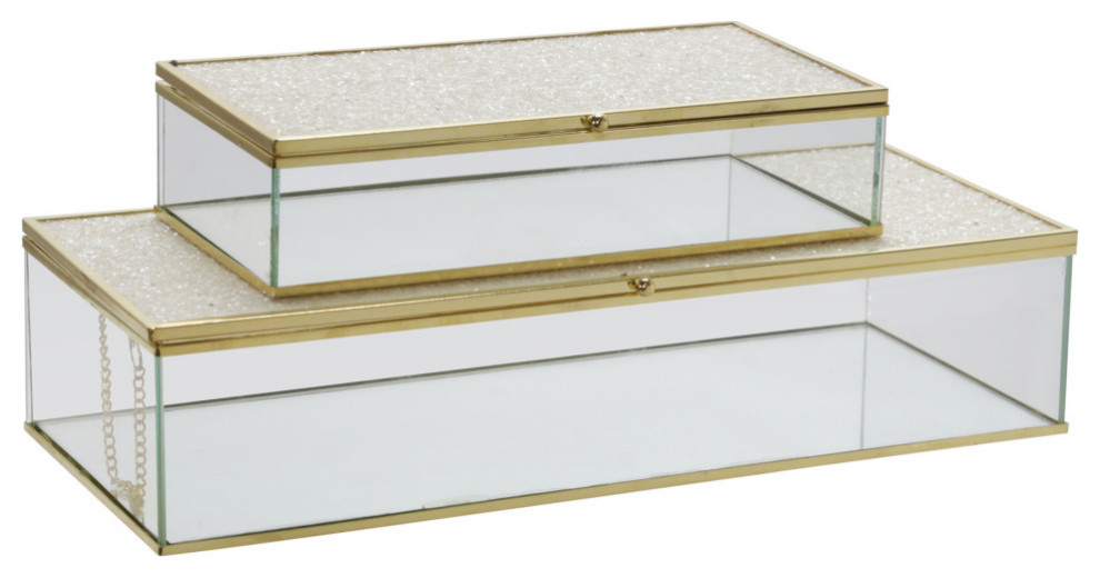 2-Piece Set Metal/Glass Box With Glitter, White - Contemporary ...