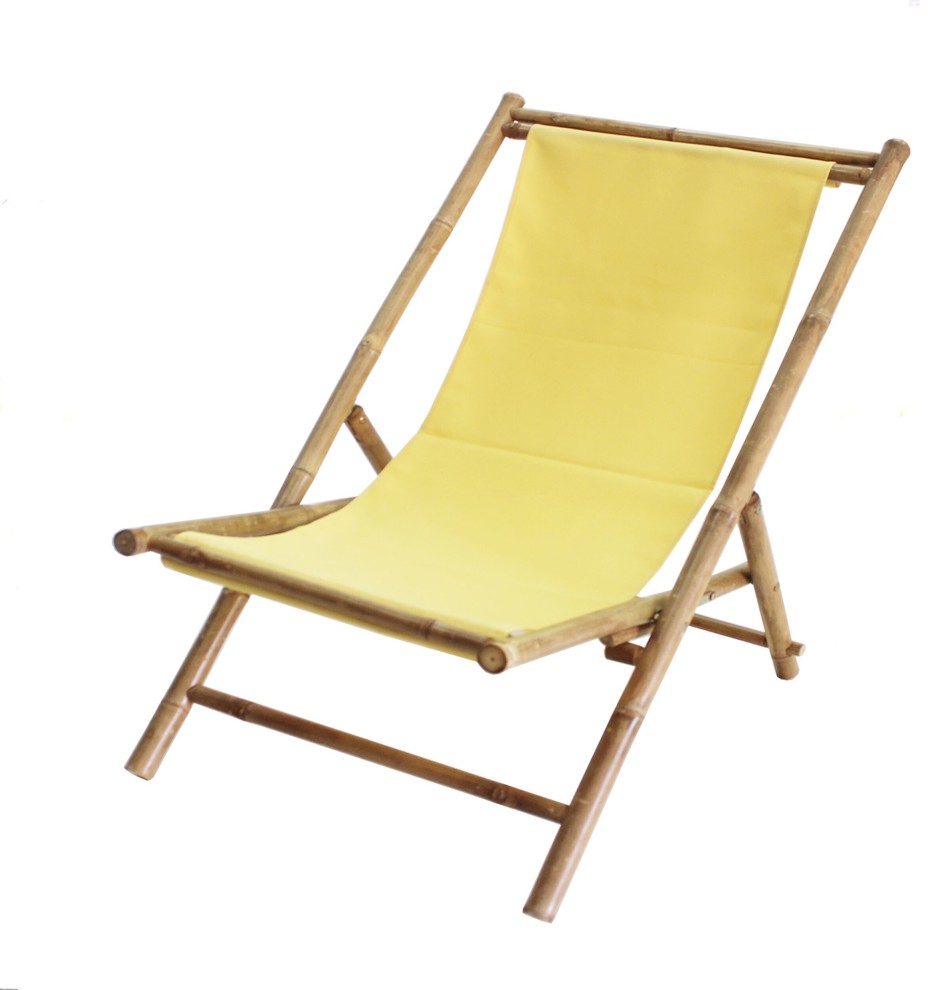 Folding Bamboo Relax Sling Chair - Yellow Canvas - Asian - Outdoor ...
