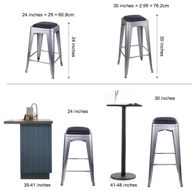 Backless Silver Metal Bar Stools, Vegan Leather Seat, Set of 3 ...