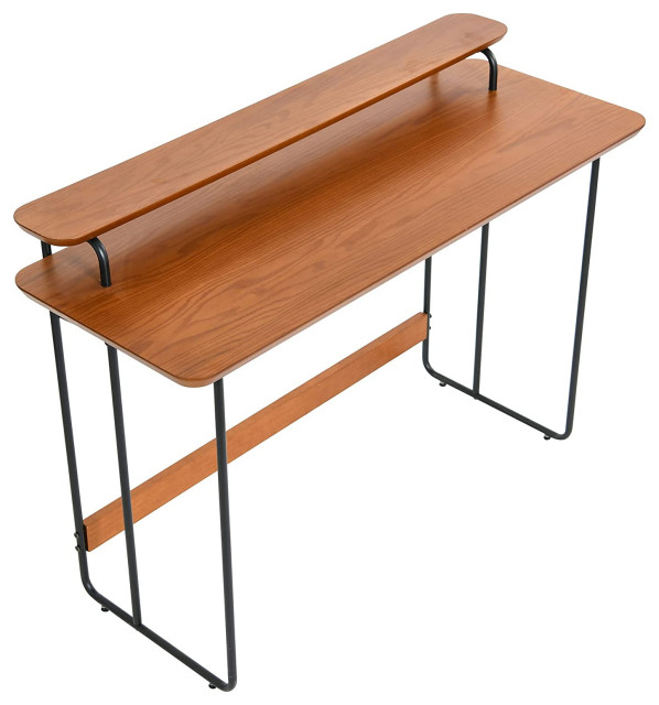 Modern Minimalist Desk, Rounded Metal Frame and Raised Shelf ...