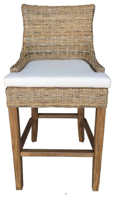 Home Square Rattan and Wood Barstool in Kubu Gray - Set of 3 - Tropical ...
