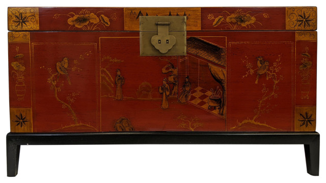45" Antique Lucky Chinese Red Trunk Hand Painted Lacquer On Solid Pine ...