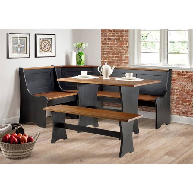 Linon Jackie Solid Wood Rustic Dining Nook Set with Storage in Black ...