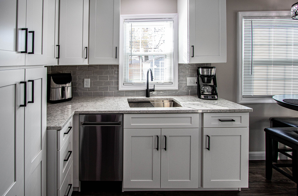 White and Gray Compact Kitchen with LVT Flooring - Transitional ...