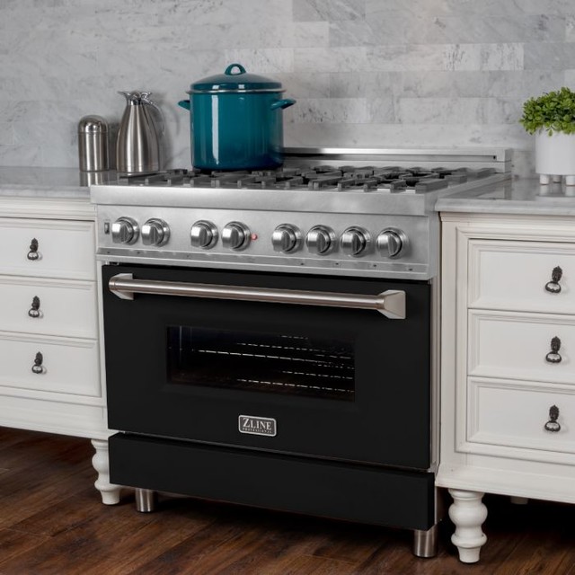 ZLINE 36" Range Gas Stove/Electric Oven, DuraSnow and Black Matte Door ...