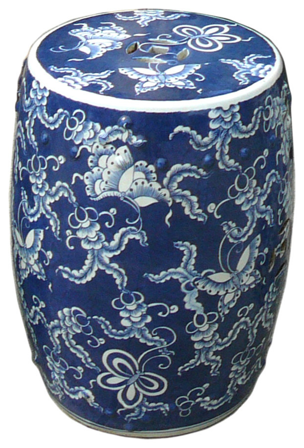 Chinese Blue and White Porcelain Round Butterflies Stool - Asian ...