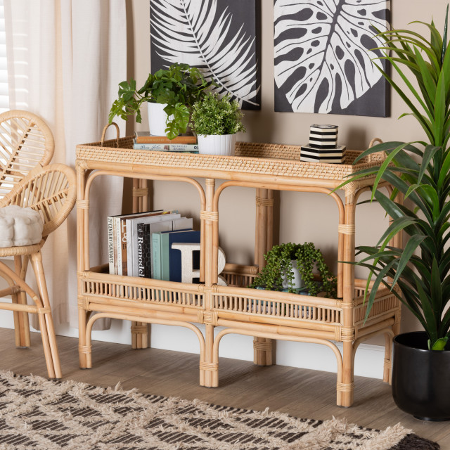 Lombok Modern Bohemian Natural Brown Rattan Console Table - Tropical ...