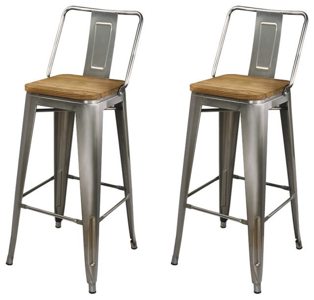 Metal Gunmetal Bar Stools With Middle Back Light Wooden Seat, Set of 2 ...