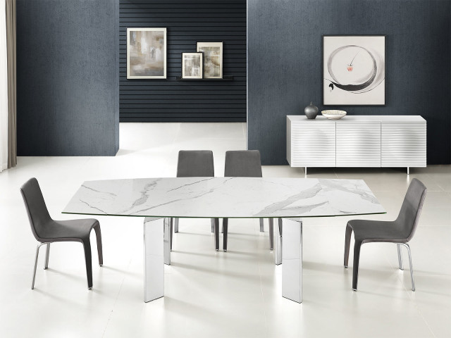 Astor Manual Dining Table with Stainless Base and White Marbled ...