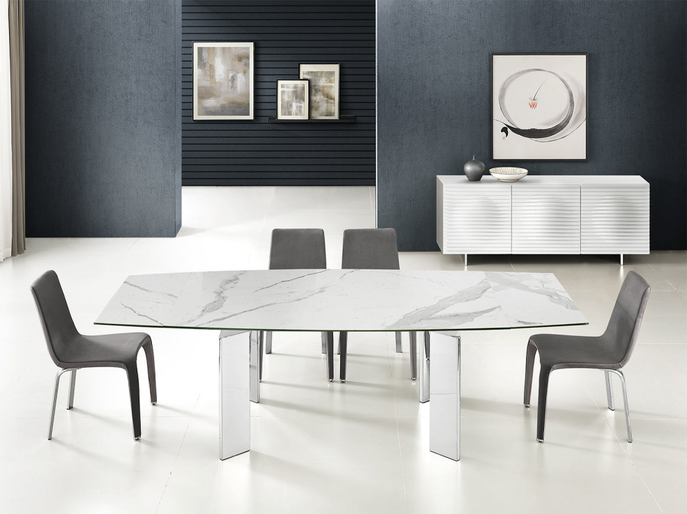 Astor Manual Dining Table with Stainless Base and White Marbled ...