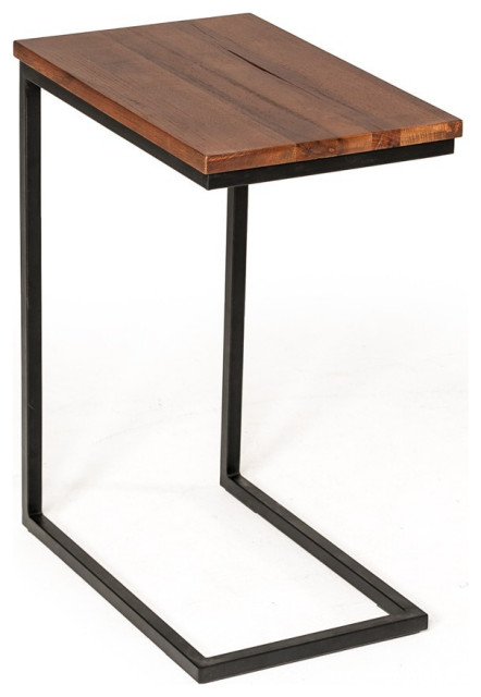 Modern Rustic Brown Aged Oak Wood and Metal C Shape Snack Table ...