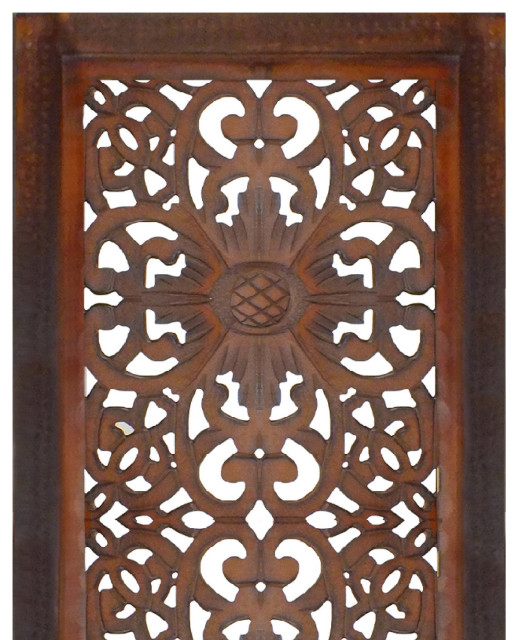 Set of 2 Hand Carved Mango Wood Wall Panels Burnt Brown Medallion ...