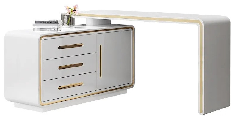 47" L-Shaped Desk Corner Rotating White Office Desk With 3 Drawers and ...