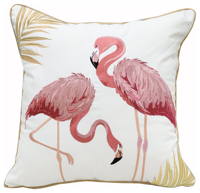 Flamingo Fancy Embroidered Indoor/Outdoor Pillow - Tropical - Outdoor ...