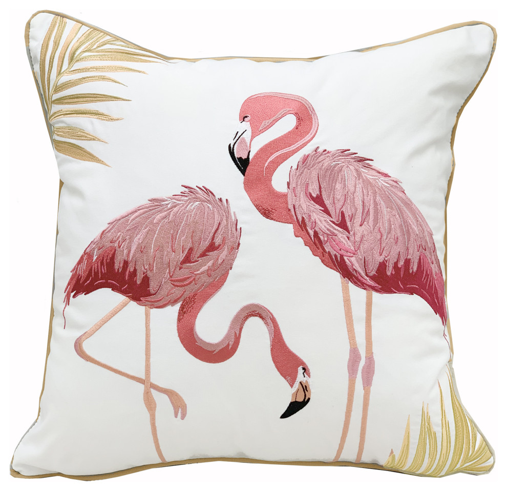 Flamingo Fancy Embroidered Indoor/Outdoor Pillow - Tropical - Outdoor ...