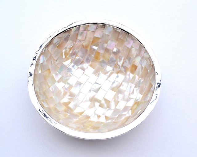 Round Mother of Pearl Bowl with Sterling Silver on Upper Edge - Beach ...