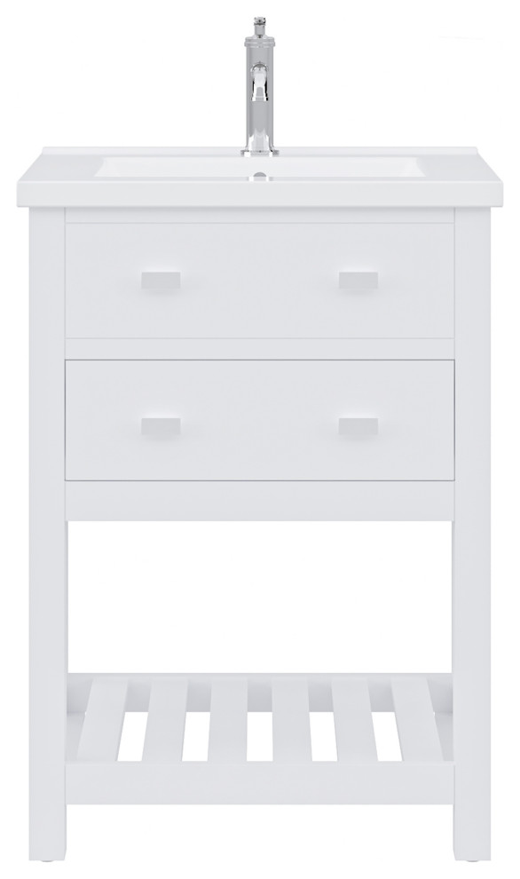 24" Pure White MDF Single Bowl Ceramics Top Vanity With U Shape Drawer ...