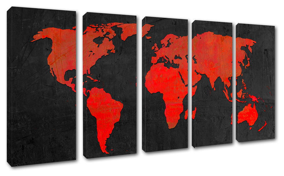 Matte Black And Red World Map Canvas Print, 5 Panel Split Wall Art ...