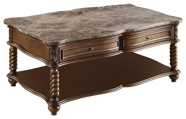 Mahogany Cocktail Table With Marble Tabletop, Brown - Traditional ...