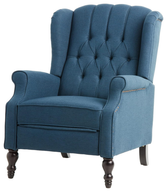 Mid Century Dark Blue Recliner with Cushioned Seat and Tufted Wingback ...