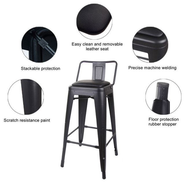 Black 30" Low Back Metal Bar Stools With Vegan Leather Seat Set of 8 ...