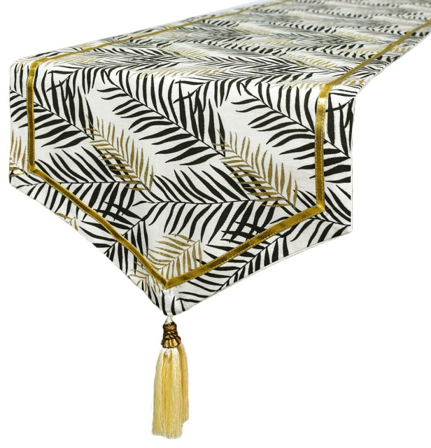 Decorative Table Runner Black Cotton, Leaf, Gold Glitter, Tassels ...