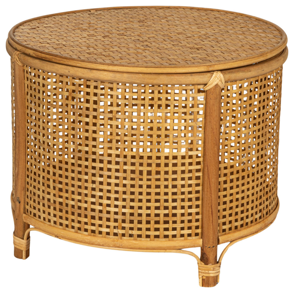 Small Bamboo and Rattan Round Accent Table, Natural - Asian - Side ...