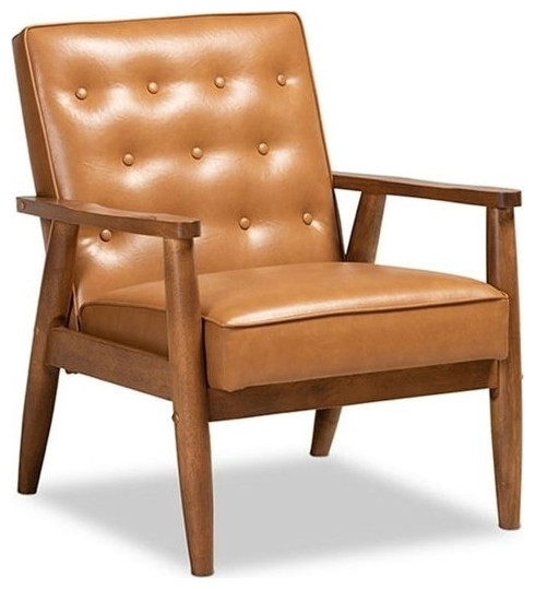 Mid-Century Modern Tan Faux Leather Lounge Chair, Walnut Brown Finish ...