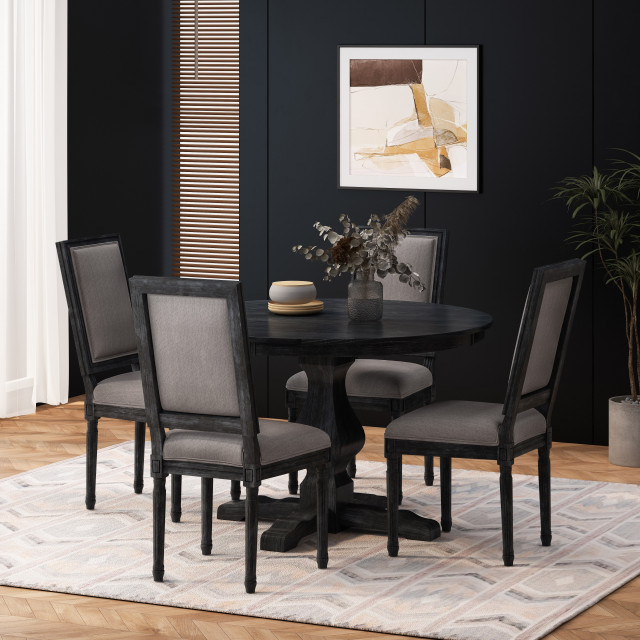 Merlene French Country Fabric Upholstered Wood 5-Piece Circular Dining ...