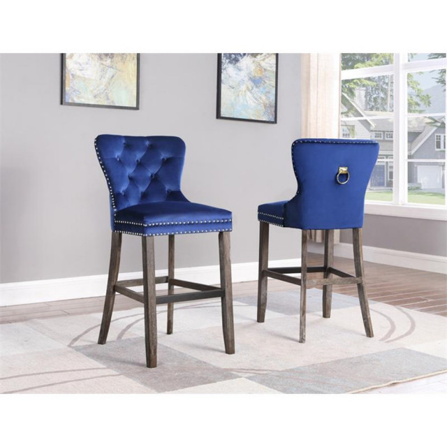 Maklaine Rustic Navy Blue Velvet Bar Stools w/ Chrome Handle & Footrest ...