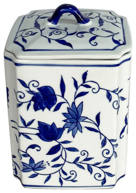 Ceramic 8" Box Jar With Lid, Blue - Asian - Decorative Jars And Urns ...