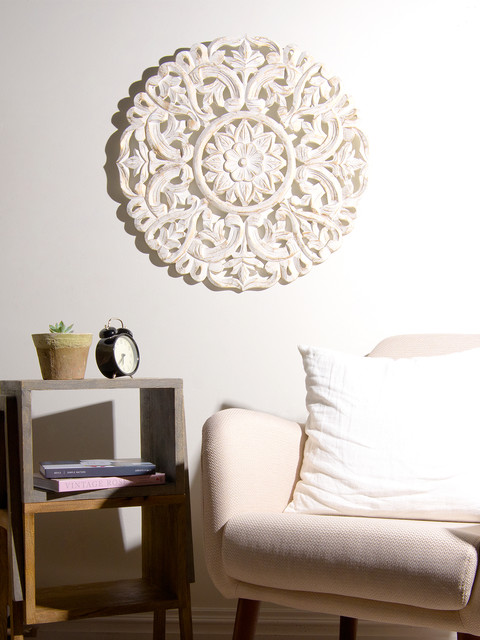 Round Decorative Whitewashed Carved Wood Wall Panel - Farmhouse - Wall ...