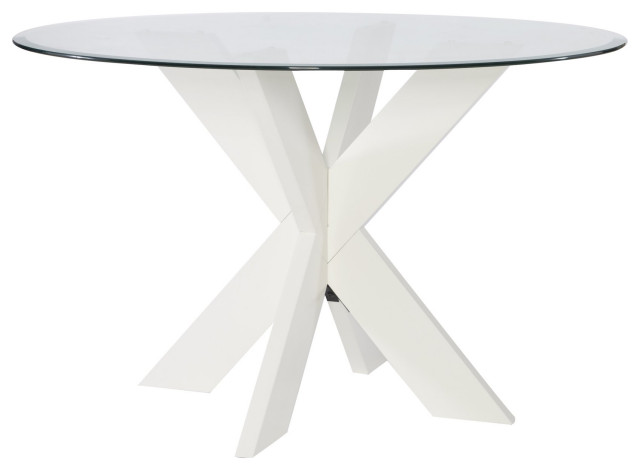 Retro Modern Dining Table, Unique X-Motif Base With Beveled Glass Top ...
