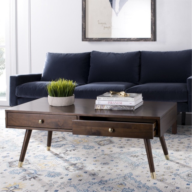 Rustic Brown Coffee Table with Gold-Capped Angled Legs and 2 Storage ...