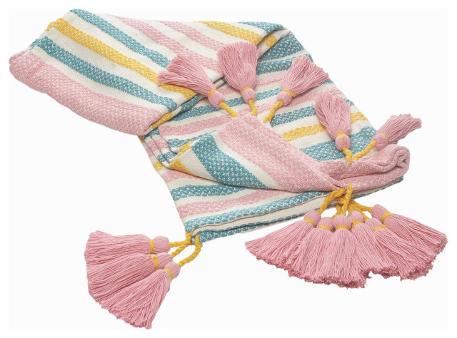 Pink, Blue, and Sunny Striped Throw Blanket With Tassels - Contemporary ...